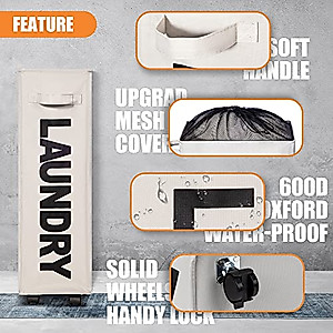 Caroeas 22" Rolling Slim Laundry Basket with Stand Foldable Waterproof Sorter and Organizer on Wheels Tall Thin Dirty Laundry Hamper Basket Home Corner Bin (Beige)