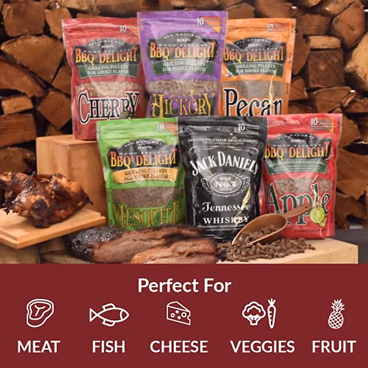 BBQr's Delight Wood Smoking Pellets - Super Smoker Variety Value Pack - 1 Lb. Bag - Apple, Hickory, Mesquite, Cherry, Pecan and Jack Daniel's