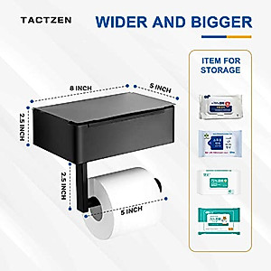 Tactzen Black Toilet Paper Holder, Flushable Wipes Dispenser Bathroom Storage Cabinet with Toilet Roll Holder with Phone Shelf,Stainless Steel Wall Mount Bathroom Organizer (Black-Plane)