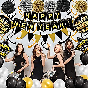 Black Happy New Year Banner Gold Black Paper Flag Bunting Swirl Streamers & Pom Poms Balloons for New year Party Decorations