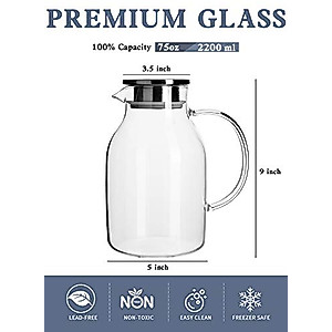 Kanwone 75oz Glass Pitcher with Stainless Steel Lid and Spout, Heat Resistant Borosilicate Glass Water Carafe for Sun Tea, Lemonade, Homemade Juice, Milk or Hot Beverages