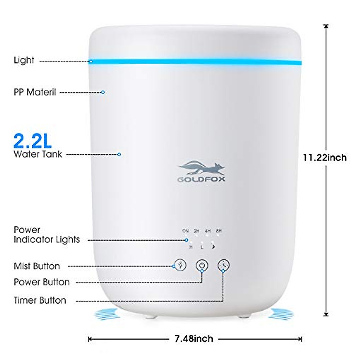 Cool Mist Humidifiers for Bedroom with Night Light, 2.2L Water Tank Essential Oil Diffuser Humidifier for Baby Home and Plants, Quiet Ultrasonic Air Vaporizer, Easy Fill and Clean Safety Shut-off