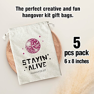 Hangover Kit Bags, Stayin' Alive With Drawstring Gift Bag, for Bridal Shower, Wedding, Travel, Bachelorette Party Survival Recovery Kit Bag, Decorations, Supplies (6"X 8") 5 Pcs -kit022
