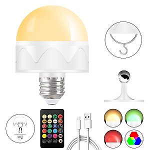 MXhme Rechargeable Light Bulbs with Remote Control No Wiring Required, Battery Operated Light Bulb Timer,Magnetic 360°,310lm,3 Color Temperature RGB Colors Dimmable,40 Watt Equivalent,1P