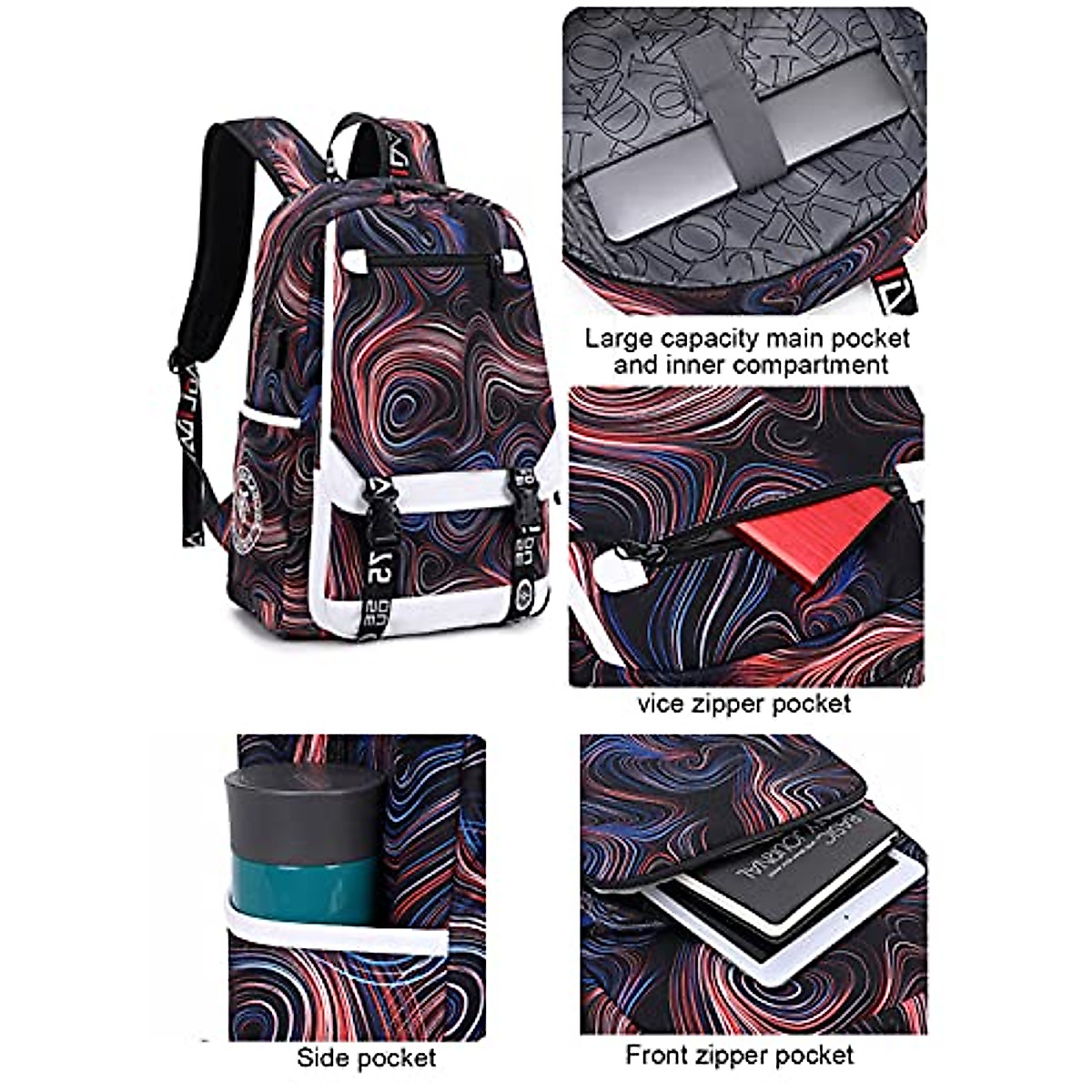 JiaYou Boys Backpack High Middle School Bag Laptop Casual Daypack with USB charging port for Men College Students(White Black,25 Liters)