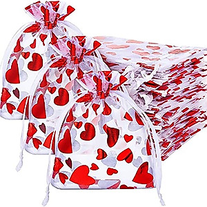 50 Pieces Valentine's Day Heart Candy Bags Organza Jewelry Pouches, Pouch Drawstring Bags for Jewelry Packaging Valentine's Day Wedding Festival Party Supply, 10 x 8 cm