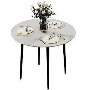 Wisfor Sintered Stone Dining Table: 32" Round Reception Table Modern Coffee Table Marble Table with Metal Legs for Kitchen Living Room Office Patio Seaside (White)