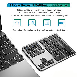 LOONASA Bluetooth Number Pad, Rechargeable Wireless Numeric Keypad, Three Mode, Slim & Silent Design, 35-Keys External Numpad USB Keyboard for MacBook, iPad, iPhone, iOS, Laptop, Windows, Android, PC