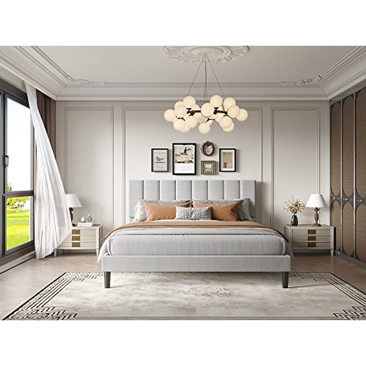 BONSOIR King Size Bed Frame Modern Vertical Panel Upholstered Low Profile Platform with Tufted Headboard/No Box Spring Needed/No Bed Skirt Needed/Linen Fabric Upholstery/Light Grey