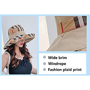 RUINUO Womens Plaid Bucket Hats Wide Brim Sun Hat Double Sided Windproof Summer Beach Hats for Fishing Hiking Travel Golf Beige
