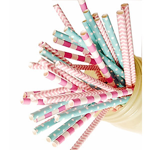 Charmed paper straw in aqua pink and hot candy pink stripe and polka dot (Pack of 75)