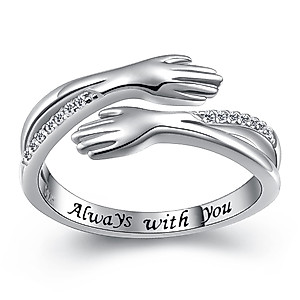 Hug Ring, S925 Sterling Silver Hugging Hands CZ Open Ring Engraved Always with You Embrace Statement Promise Anniversary Ring