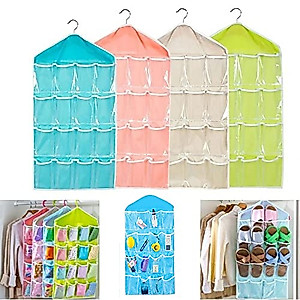 HTDBKDBK Closet Hanging Organizer with Clear Pockets & Metal Hanger, 16-Pocket Wall Shelf Wardrobe Storage Bags Hanging Shelves, Beige