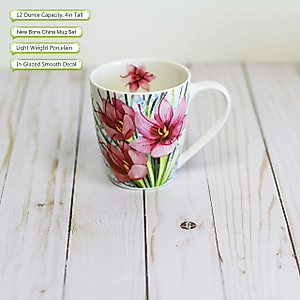 PULCHRITUDIE 12 Oz Coffee Tea Mugs Set, Fine Porcelain Floral Design, Set of Four