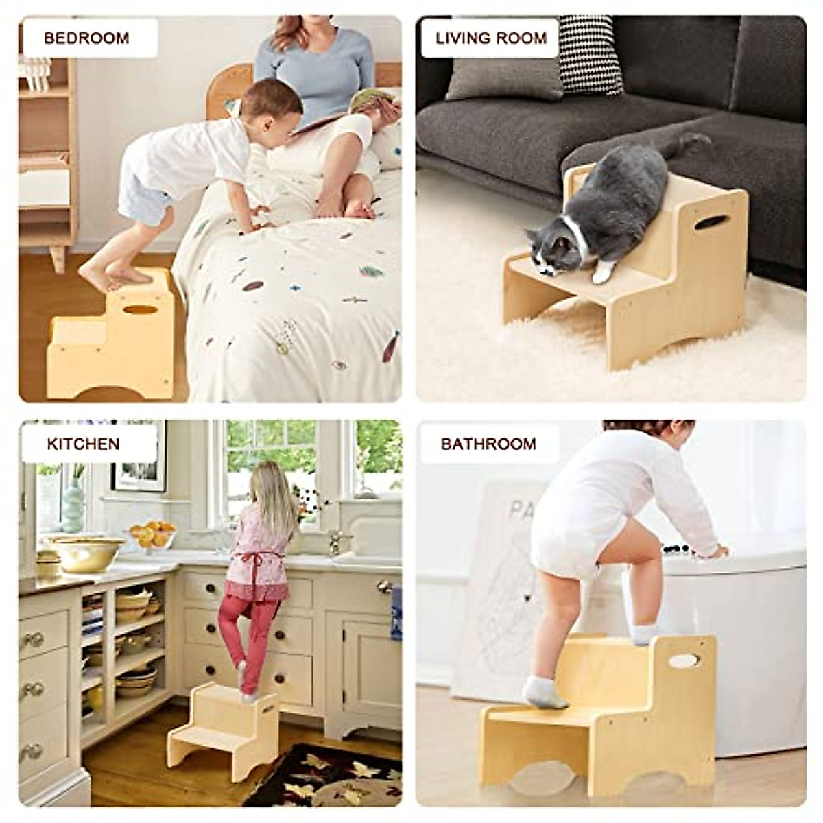 Wood City Wooden Toddler Step Stool for Kids, Bathroom Potty Stool & Kitchen Stool, Natural Two Step Stool for Bedroom, Children's Stool with Handles and Safety Non-Slip Pads