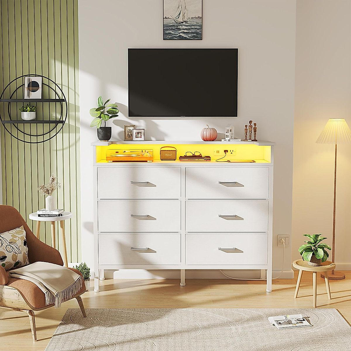 BOLUO White Dresser with LED Light and Charging Station for Bedroom 6 Drawer Dresser with USB Outlet, Dressers & Chests of Drawers Fabric Dresser for Closet Modern