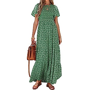 PRETTYGARDEN Womens Casual Floral Crew Neck Flutter Short Sleeve Long Summer Holiday Dress Party Maxi Wedding Guest Dresses (Green,Large)