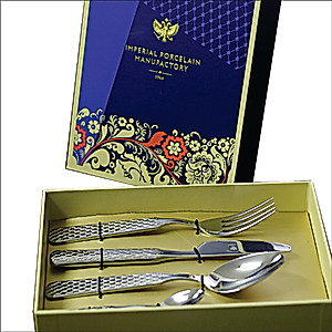 Lomonosov Imperial Porcelain Cobalt Net Blue Silverware Stainless Steel (Spoon, Fork, Knife) 4 Piece Set