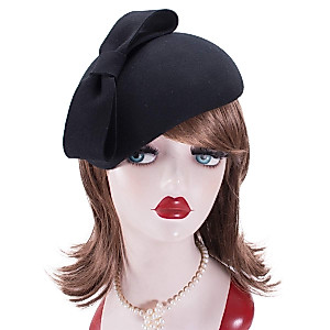Lawliet Teardrop Women 1940s Wool Felt Fascinator Hat Bow Tam Beret Casque A568 (Black)