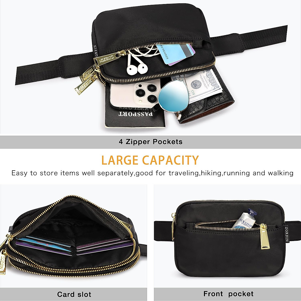 ZORFIN Fanny Packs for Women Men: Crossbody Belt Bag with Adjustable Strap - Fashion Waist Packs for Workout Running Traveling Hiking Black