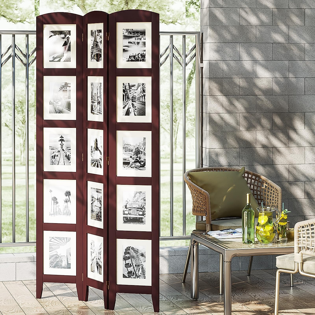 SZQINJI 3 Panel Photo Room Divider Screen, Solid Wood Divider for Room Separation for 8x10 Picture Frame Without Mat for 5x7 Photo with Mat, Walnut