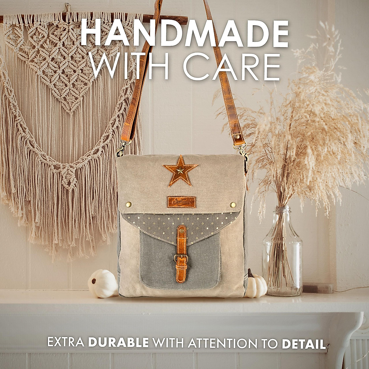 SIXTEASE Womens Shoulder Bag Vintage Style Shoulder Bags for Women - Made with Genuine Leather, Upcycled Canvas, or Hair On - Handmade, Adjustable Strap, Brass and Zinc Hardware - Miranda