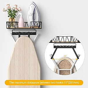 Tohomes Ironing Board Hanger Wall Mount, T& V Iron and Ironing Board Holder for Laundry Room, Iron Board Wall Mount with Large Storage Wooden Base Basket and Removable Hooks
