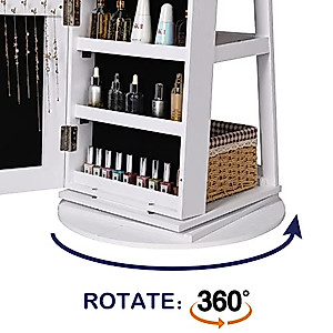 HNEBC LED Light Jewelry Storage Organizer, Armoire with Door Mirror 360° Rotating, Full Length Cabinet, ,Large Jewelry Boxes & Organizers（A White）