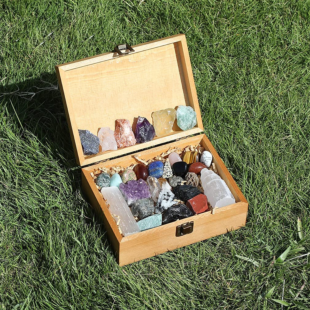 30 PCS Crystals and Stones Set - Natural Raw Healing Crystals & Tumbled Chakra Stones, Premium Protection Crystals Gift Kit Display in Wooden Box + Info Guide