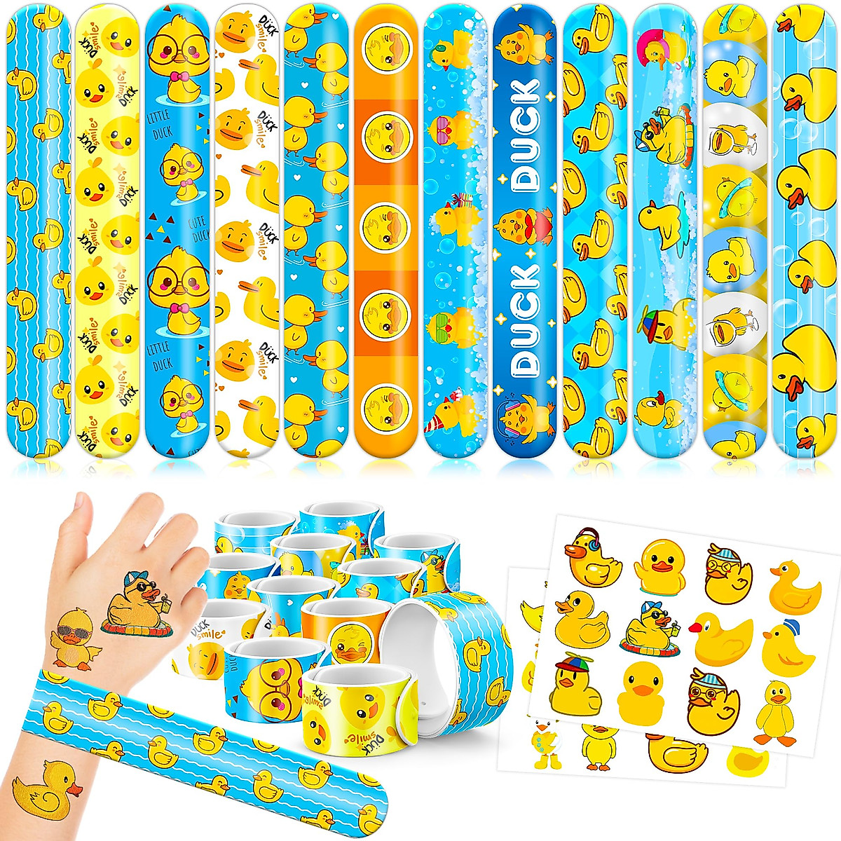 48PCS Duck Party Favors 24PCS Tattoos 24PCS Slap Bracelets Gifts Ideal Birthdays Party Supplies Decorations Cute Snap Bracelets Decor Baby Shower Classroom School Prizes Boys Girls Rewards