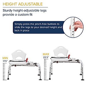 Drive Medical RTL12075 Adjustable Height Sliding Bathtub Transfer Bench Shower Chair with Armrests and Seatbelt, 300 Pound Weight Capacity, White