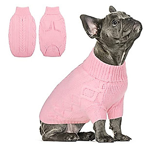 Queenmore Dog Turtleneck Sweater, Classic Cable Knit Cold Weather Thick Sweater for Small Medium Dogs (Pink, S)