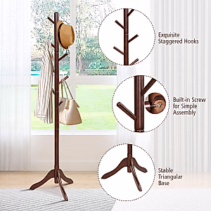 GOFLAME Coat Rack Freestanding, Wooden Entryway Coat Tree Hanger with 8 Hooks and 4 Sections, Height Adjustable Coat Stand for Home Office Hallway Entryway (Brown)