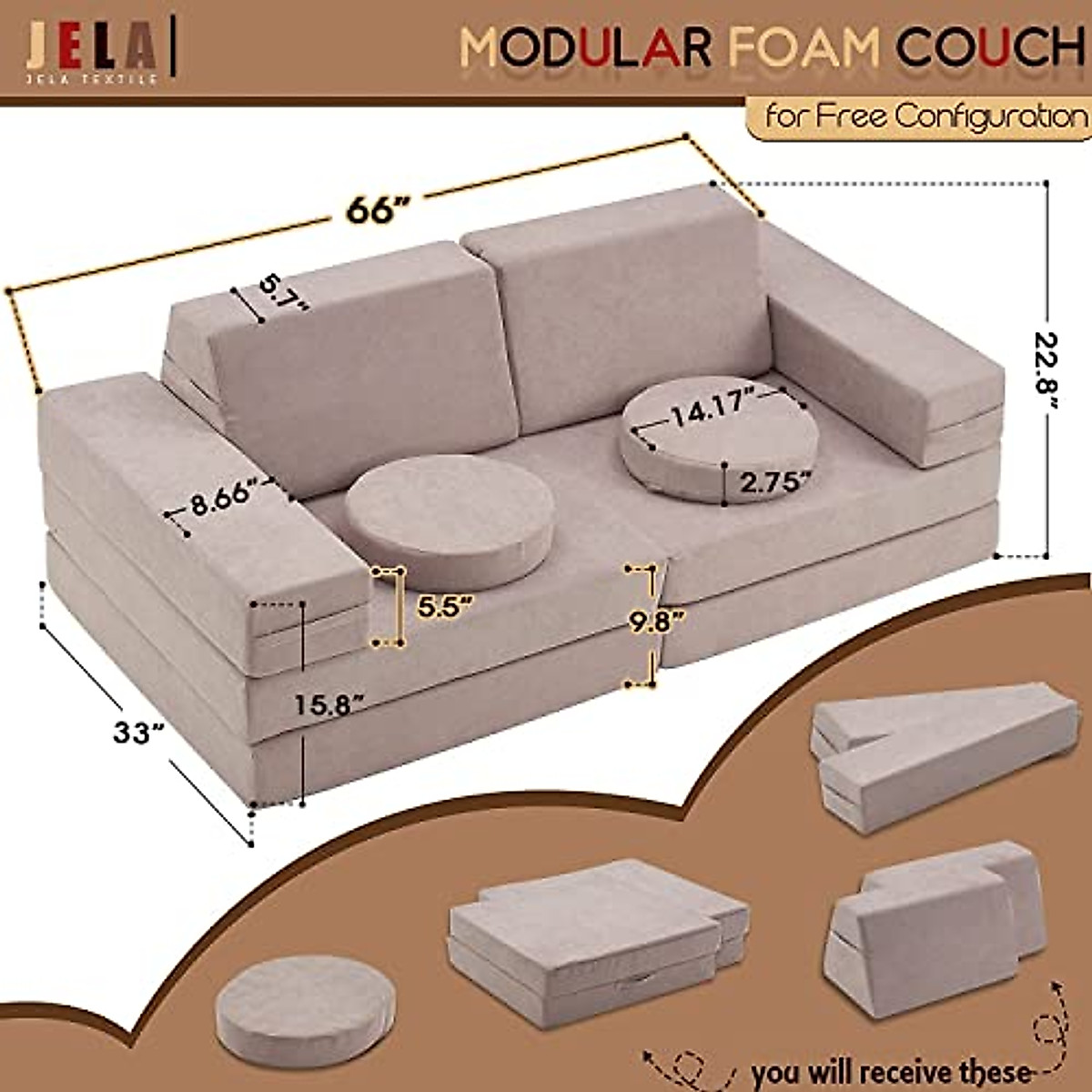 jela Kids Couch 10PCS Luxury, Floor Couch Floor Sofa Modular Furniture for Adults, Playhouse Play Set for Toddlers Babies, Modular Foam Play Couch, Modular Sectional Sofa (Classic, Taupe)