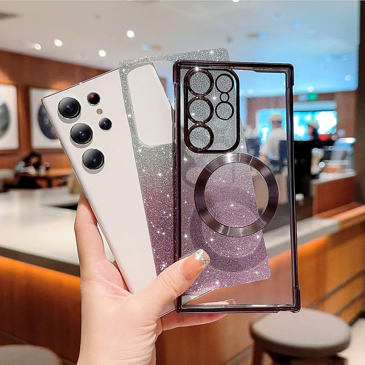 aowner for Samsung Galaxy S21 Ultra Magnetic Case Compatible with MagSafe, Full Protection Glitter Clear Phone Case for Women Girls Cute Soft Shockproof Bumper Protective Cover Case 6.8"-Purple