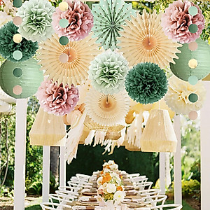 Sage Green and Dusty Rose Party Decorations Paper Lanterns Sage Green Cream Pom Poms Fans Olive Dusty Pink and Sage Green Party Decorations for Birthday Baby Shower Bridal Shower Wedding Engagement