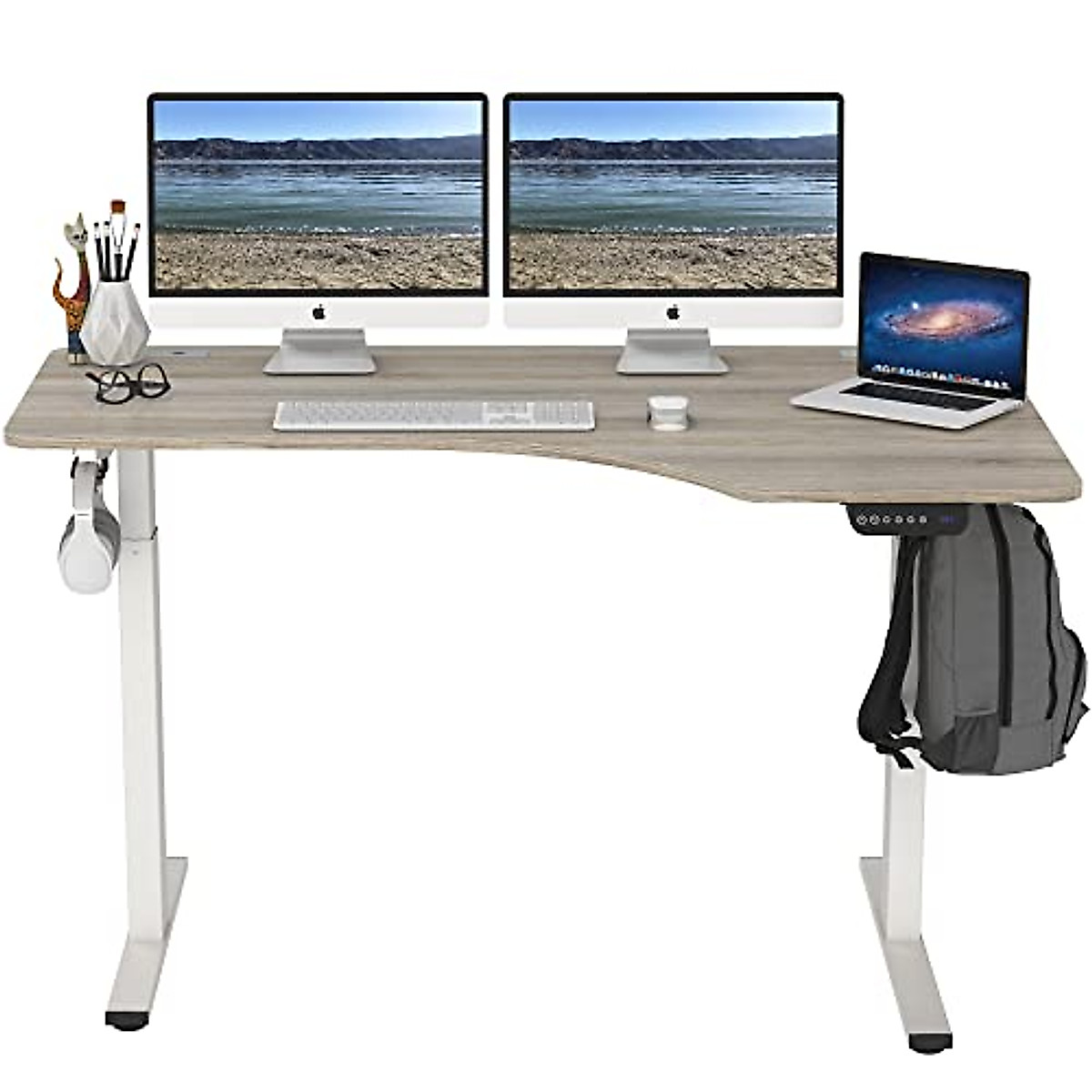 SHW 55-Inch Large Electric Height Adjustable L-Shaped Standing Desk with Right Facing Corner, Oak