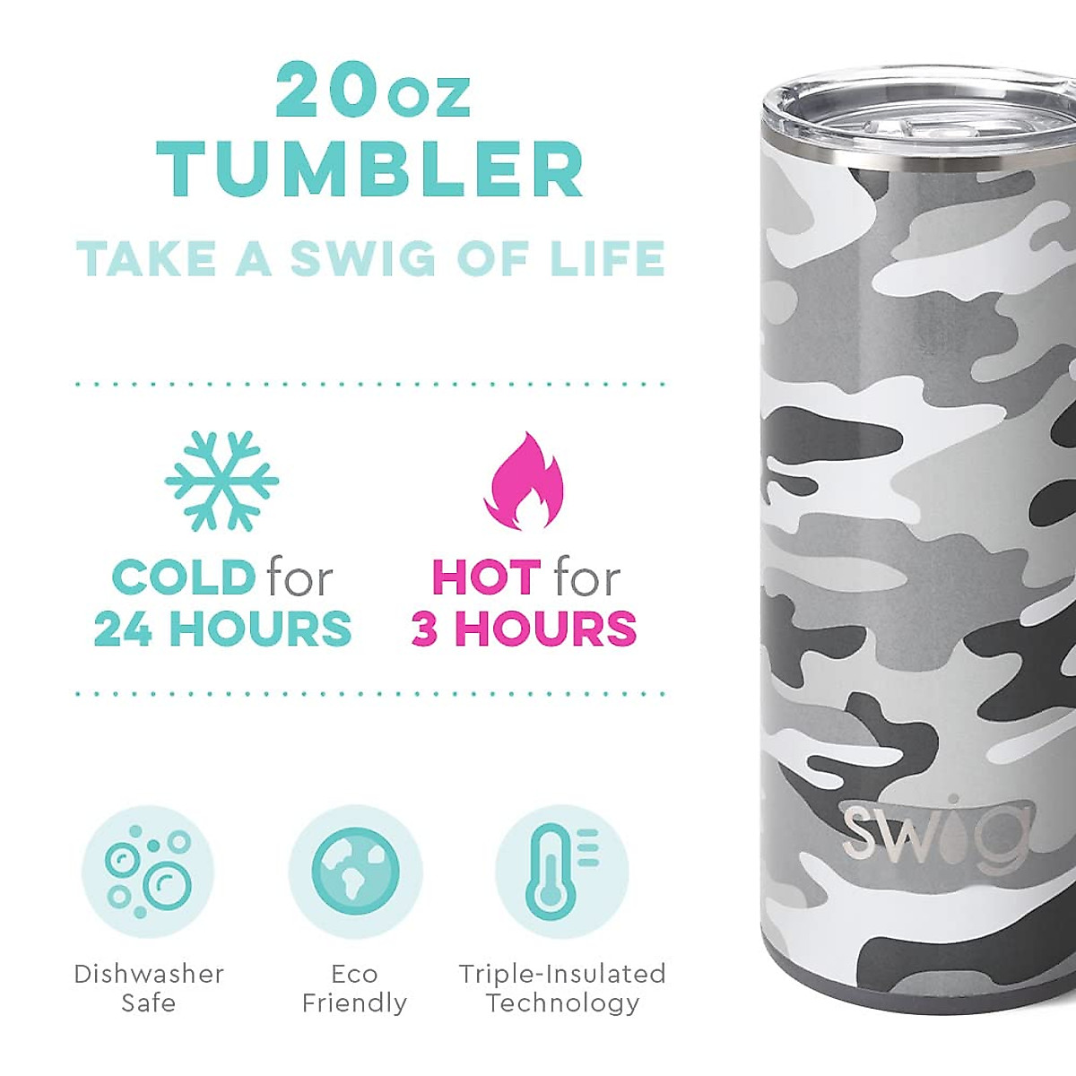 Swig Life 20oz Triple Insulated Stainless Steel Tumbler with Spill-Resistant Lid, Dishwasher Safe, Double Wall, and Vacuum Sealed Coffee Tumbler in Incognito Camo Print (Multiple Patterns)