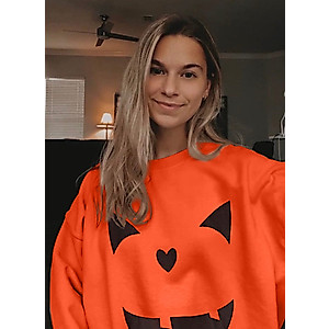 Women's Halloween Pumpkin Face Long Sleeve Sweatshirts Lightweight Casual Pullover Tops (XXL, Orange)