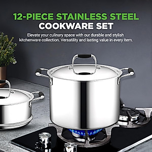 NutriChef 12-Piece Stainless Steel Kitchenware - Pots & Pans Set Clad Kitchen Cookware w/ Silicone Grip Handles, Fry Pan Interior Coated w/ Prestige Ceramic Non-Stick Coating, Stylish Kitchen Cookware