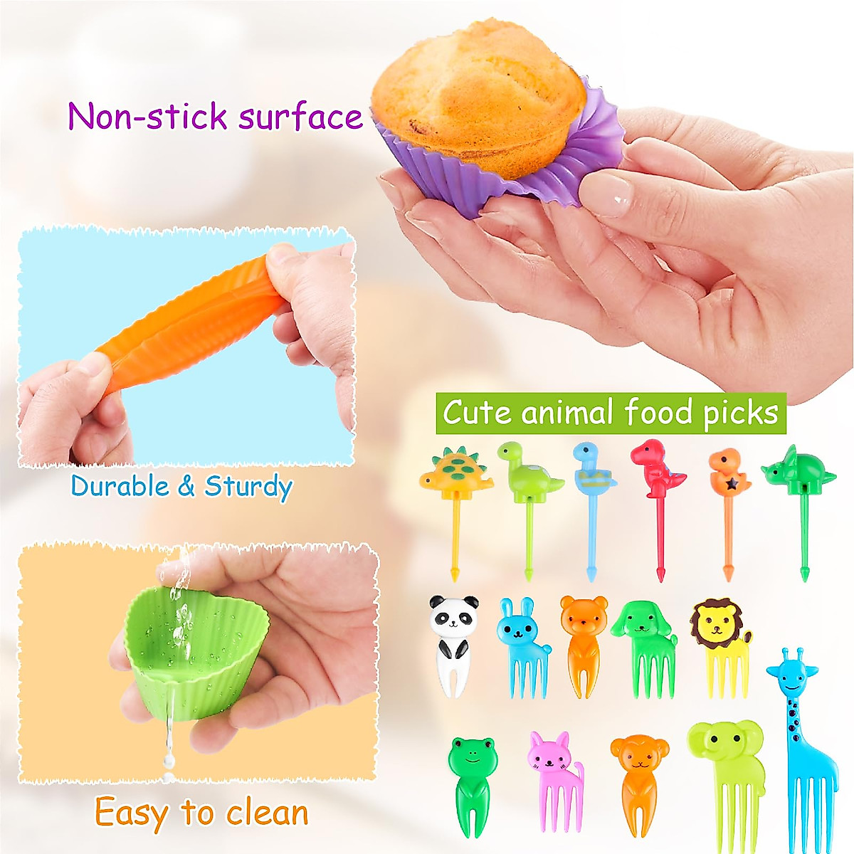 80PCS Silicone Lunch Box Dividers for Kids Lunch Accessories Set, Including 24 Reusable Silicone Cupcake Liners Baking Muffin Cups with 56 Animal Food Picks for Kids, Lunchbox Bento Box Accessories