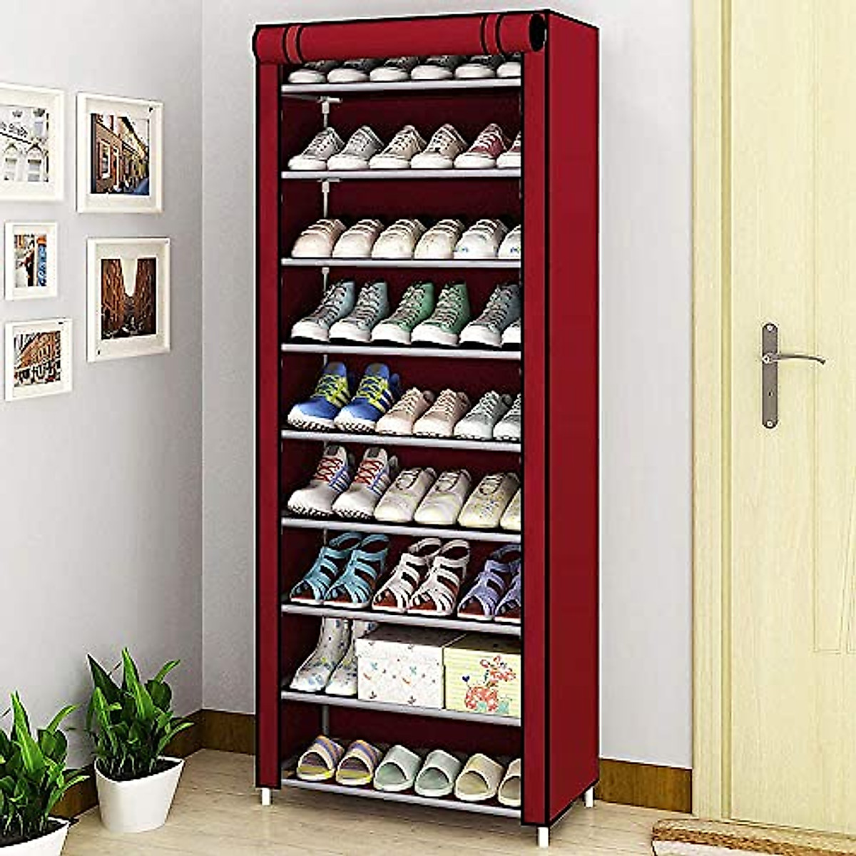 samanoya 10 Tiers Shoe Rack,Large Shoe Storage Organizer Cabinet Tower with Dustproof Cover,Space Saving Non-woven Fabric Stackable Storage Shelf Shoe Rack (Red)