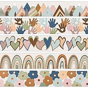 AnyDesign 60Pcs Boho Morandi Bulletin Board Borders with 100Pcs Glue Points 5 Design Heart Rainbow Handprint Die-Cut Trim Borders Classroom Borders for School Classroom Office Chalkboard Decorations
