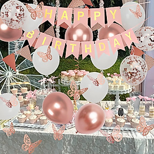 Rose Gold Birthday Decorations for Women, Happy Birthday Banner for Girls' Party Decorations with Balloons, Pennant Banner Flags and Rose Gold Butterfly Decorations