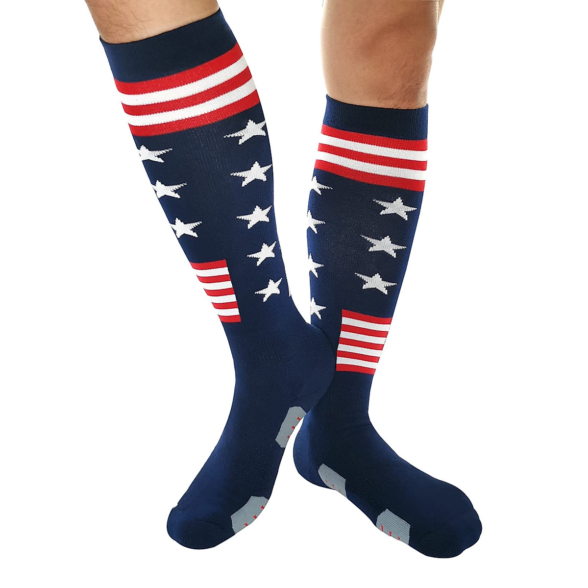 BUENWAZ Knee High American Flag Baseball Socks for Men Athletic Cushioned Patriotic Over the Calf Socks for Softball Football Soccer (Stars & Stripes)
