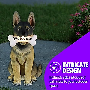 Exhart Garden Sculpture, Solar German Shepherd Dog Statue, LED Welcome Sign Bone, Outdoor Garden Decoration, 11.5 x 14.5 Inch