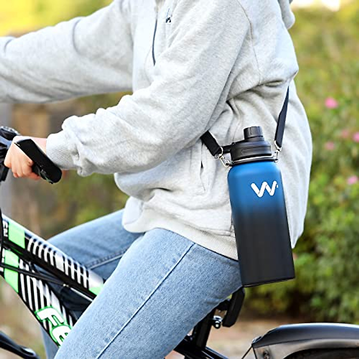 WEREWOLVES 24 oz Insulated Water Bottle With Paracord Handles & Strap & Straw Lid & Spout Lid,Reusable Wide Mouth Vacuum Stainless Steel Water Bottle for Adults (New-Blue Black, 24 oz)