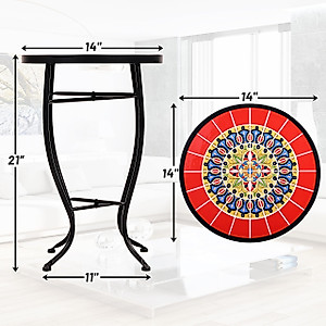Elevon Outdoor Side Table Mosaic Patio Table, 21” Accent Table Round End Table with 14” Ceramic Table Top, Outdoor Patio Furniture Balcony Table for Garden Backyard Pool Porch Bistro, Plant Stand