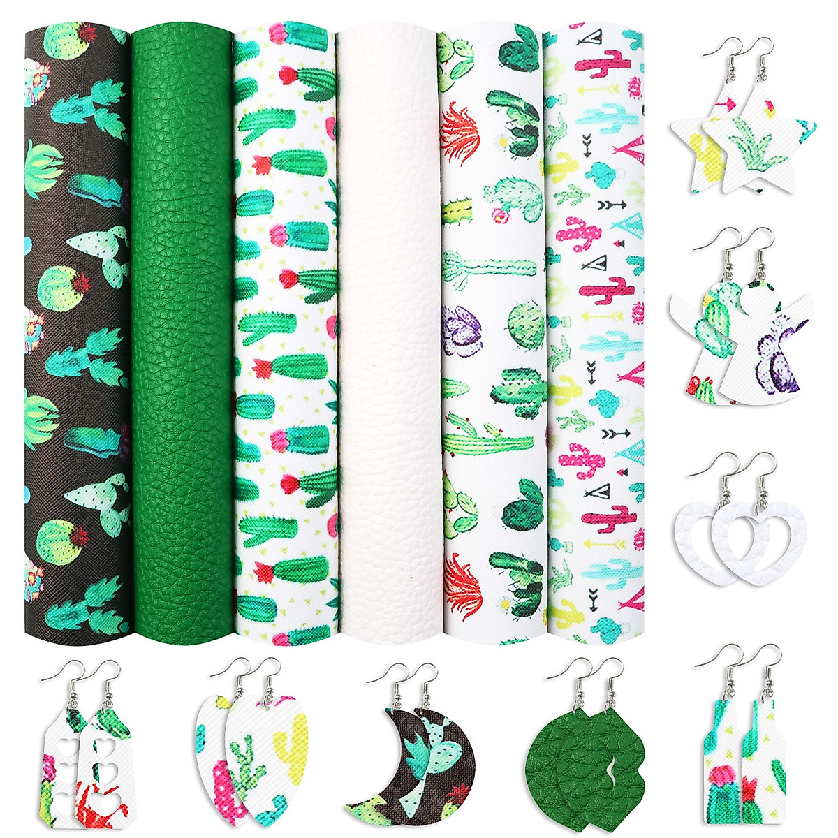 David accessories 6 Pcs 7.7"x12.9" (20 cm x 33 cm) Lychee Pattern Plant Cactus Printed Faux Leather Fabric Sheets Include 2 Kinds of Leather Fabric for DIY Bows Earrings Making Crafts (Cactus)