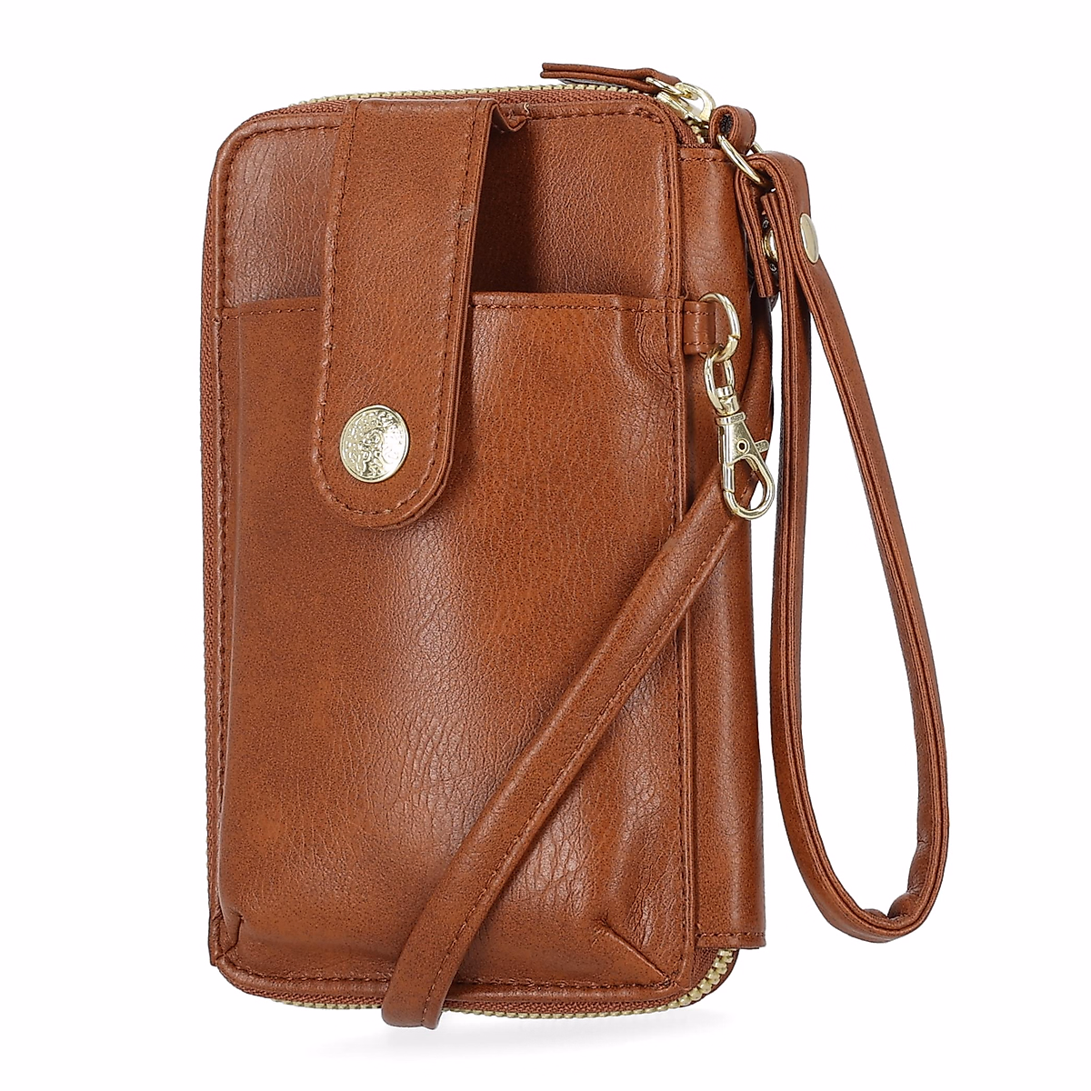 Mundi Jacqui RFID Blocking Crossbody Wallet Bag for Women, Compact Travel Size Cell Phone Holder Purse Vegan Leather, Brown Sugar